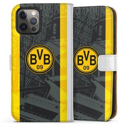 DeinDesign iPhone 12 Pro Max Handy Klapph&uuml;lle Handyh&uuml;lle aus Kunst Leder wei&szlig; Flip Case Bvb Borussia Dortmund Stadium Sideflip mit Lasche