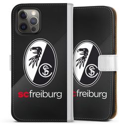 DeinDesign iPhone 12 Pro Max Handy Klapph&uuml;lle Handyh&uuml;lle aus Kunst Leder wei&szlig; Flip Case Sc Freiburg Lettering Logo Sideflip mit Lasche