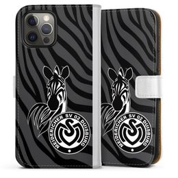 DeinDesign iPhone 12 Pro Max Handy Klapph&uuml;lle Handyh&uuml;lle aus Kunst Leder wei&szlig; Flip Case Zebra Msv Duisburg Muster Sideflip mit Lasche