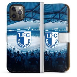 DeinDesign iPhone 12 Pro Max Handy Klapph&uuml;lle Handyh&uuml;lle aus Kunst Leder wei&szlig; Flip Case Stadium 1. Fcm 1. Fc Magdeburg Sideflip mit Lasche