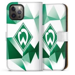 DeinDesign iPhone 12 Pro Max Handy Klapph&uuml;lle Handyh&uuml;lle aus Kunst Leder wei&szlig; Flip Case Tarnmuster Official Licensed Product Sv Werder Bremen Sideflip mit Lasche