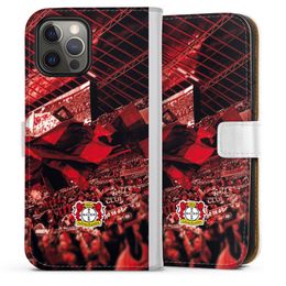 DeinDesign iPhone 12 Pro Max Handy Klapph&uuml;lle Handyh&uuml;lle aus Kunst Leder wei&szlig; Flip Case Merchandise Official Licensed Product Bayer 04 Leverkusen Sideflip mit 