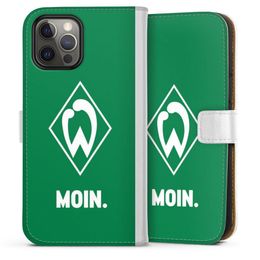 DeinDesign iPhone 12 Pro Max Handy Klapph&uuml;lle Handyh&uuml;lle aus Kunst Leder wei&szlig; Flip Case Official Licensed Product Moin Sv Werder Bremen Sideflip mit Lasche