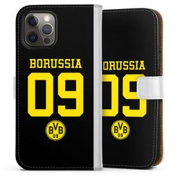 DeinDesign iPhone 12 Pro Max Handy Klapph&uuml;lle Handyh&uuml;lle aus Kunst Leder wei&szlig; Flip Case Jersey Bvb Borussia Dortmund Sideflip mit Lasche