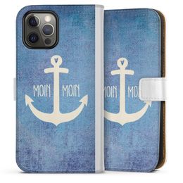 DeinDesign iPhone 12 Pro Max Handy Klapph&uuml;lle Handyh&uuml;lle aus Kunst Leder wei&szlig; Flip Case Anchor Maritim Blue Sideflip mit Lasche