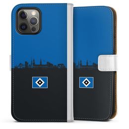 DeinDesign iPhone 12 Pro Max Handy Klapph&uuml;lle Handyh&uuml;lle aus Kunst Leder wei&szlig; Flip Case Hsv Skyline Hamburg Sideflip mit Lasche