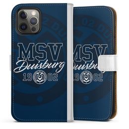 DeinDesign iPhone 12 Pro Max Handy Klapph&uuml;lle Handyh&uuml;lle aus Kunst Leder wei&szlig; Flip Case Soccer Merchandise Msv Duisburg Sideflip mit Lasche