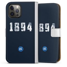 DeinDesign iPhone 12 Pro Max Handy Klapph&uuml;lle Handyh&uuml;lle aus Kunst Leder wei&szlig; Flip Case Karlsruher Sc Ksc Bundesliga Sideflip mit Lasche