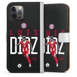DeinDesign iPhone 12 Pro Max Handy Klapph&uuml;lle Handyh&uuml;lle aus Kunst Leder wei&szlig; Flip Case Fc Bayern M&uuml;nchen Official Licensed Product Luis Diaz Sideflip mit Lasche