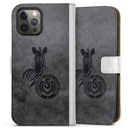 DeinDesign iPhone 12 Pro Max Handy Klapph&uuml;lle Handyh&uuml;lle aus Kunst Leder wei&szlig; Flip Case Official Licensed Product Msv Duisburg Zebra Sideflip mit Lasche
