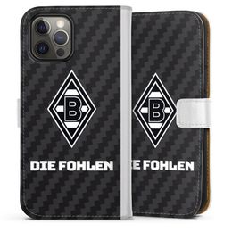 DeinDesign iPhone 12 Pro Max Handy Klapph&uuml;lle Handyh&uuml;lle aus Kunst Leder wei&szlig; Flip Case Borussia M&ouml;nchengladbach Carbon Gladbach Sideflip mit Lasche