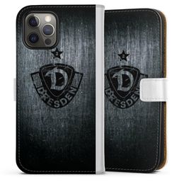 DeinDesign iPhone 12 Pro Max Handy Klapph&uuml;lle Handyh&uuml;lle aus Kunst Leder wei&szlig; Flip Case Sg Dynamo Dresden Official Licensed Product Vintage Sideflip mit Lasche