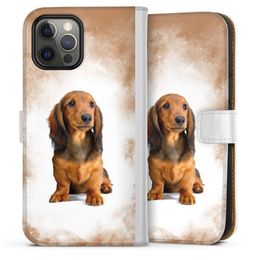 DeinDesign iPhone 12 Pro Max Handy Klapph&uuml;lle Handyh&uuml;lle aus Kunst Leder wei&szlig; Flip Case Pet Dachshund Dog Sideflip mit Lasche