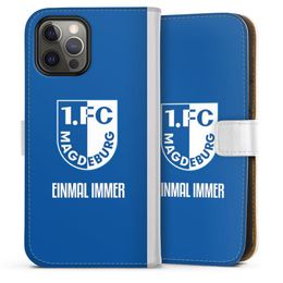 DeinDesign iPhone 12 Pro Max Handy Klapph&uuml;lle Handyh&uuml;lle aus Kunst Leder wei&szlig; Flip Case Coat Of Arms Official Licensed Product 1. Fc Magdeburg Sideflip mit 