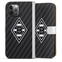 DeinDesign iPhone 12 Pro Max Handy Klapph&uuml;lle Handyh&uuml;lle aus Kunst Leder wei&szlig; Flip Case Borussia M&ouml;nchengladbach Carbon Gladbach Sideflip mit Lasche