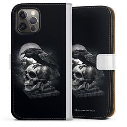 DeinDesign iPhone 12 Pro Max Handy Klapph&uuml;lle Handyh&uuml;lle aus Kunst Leder wei&szlig; Flip Case Raven Skulls Skull Sideflip mit Lasche