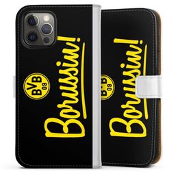 DeinDesign iPhone 12 Pro Max Handy Klapph&uuml;lle Handyh&uuml;lle aus Kunst Leder wei&szlig; Flip Case Borussia Dortmund Bvb Soccer Sideflip mit Lasche