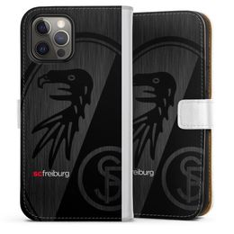 DeinDesign iPhone 12 Pro Max Handy Klapph&uuml;lle Handyh&uuml;lle aus Kunst Leder wei&szlig; Flip Case Sc Freiburg Metallic Look Official Licensed Product Sideflip mit Lasche