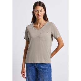 T-Shirt Street One, Damen, Gr. 38, beige (morning beige), Jersey, Obermaterial: 70% Modal, 30% Polyester, meliert, unifarben, gerade h&uuml;ftbedeckend, V-Ausschnitt, Shirts T-Shirt, mit Schmuckdetails und V-Ausschnitt