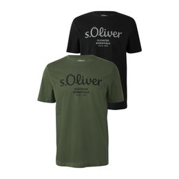 T-Shirt s.Oliver, Herren, Gr. S, khaki, schwarz, Jersey, Obermaterial: 100% Baumwolle, bedruckt, normal h&uuml;ftbedeckend, Rundhals, Shirts T-Shirt, mit gro&szlig;en Logo-Print, im 2er Pack
