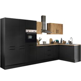 Winkelk&uuml;che BASIC BY BALCULINA "Turin", schwarz (k&uuml;che: schwarz, korpus: schwarz matt woodprint, arbeitsplatte: artisan eichefarben), B:360cm H:211cm T:60cm, Komplettk&uuml;chen-Sets, Winkelk&uuml;che, Stellbreite 360x175 cm, wahlweise mit E-Ger&auml;ten