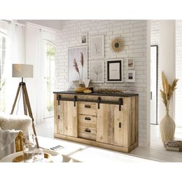 Sideboard Home Affaire "SHERWOOD", braun (old style hell dekor), B:161cm H:91cm T:43cm, Sideboards, Sideboard, Holz Dekor, mit Scheunentorbeschlag und Apothekergriffen, Breite 161cm
