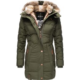 Wintermantel Marikoo "Lieblings Jacke", Damen, Gr. XS (34), gr&uuml;n (olivgr&uuml;n), Oberstoff: 100% Polyester; Futter: 100% Polyester; Wattierung: 100% Polyester; &Auml;rmelfutter: 100% Polyester; Kunstpelz: 90% Polyacryl, 10% Polyester, tailliert Po-bedeckend, &Auml;rmel ohne &Auml;rmelschlitz Rippstrickb&uuml;ndchen, M&auml;ntel Wintermantel, stylischer Winter Steppmantel m. Kunstpelz-Kapuze
