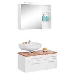 Badm&ouml;bel-Set Welltime "Davos", wei&szlig;, Siphonausschnitt links, Holzwerkstoff, Kastenm&ouml;bel-Sets, Badm&ouml;bel-Set, Spiegelschrank, Regal und Waschbeckenunterschrank