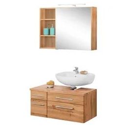 Badm&ouml;bel-Set Welltime "Davos", braun (eichefarben), Siphonausschnitt rechts, Holzwerkstoff, Kastenm&ouml;bel-Sets, Badm&ouml;bel-Set, Spiegelschrank, Regal und Waschbeckenunterschrank