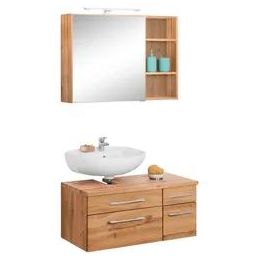 Badm&ouml;bel-Set Welltime "Davos", braun (eichefarben), Siphonausschnitt links, Holzwerkstoff, Kastenm&ouml;bel-Sets, Badm&ouml;bel-Set, Spiegelschrank, Regal und Waschbeckenunterschrank