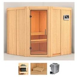 Sauna Karibu "Jarin", beige (naturbelassen), Bio-Kombiofen, externe Steuerung, 9 kW, Saunen, Ofen 9 kW Bio externe Strg easy
