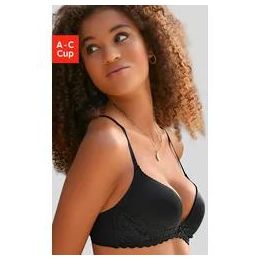 Push-up-BH Lascana, Damen, Gr. 80, Cup B, schwarz, Microtouch, Obermaterial: 60% Polyamid, 35% Polyester, 5% Elasthan, BHs Push-up-BH, ohne B&uuml;gel, mit extra flachen Kanten und feiner Spitze, Dessous