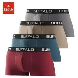 Hipster Buffalo, Herren, Gr. M, 4 Stk., bunt (bordeaux, petrol, khaki, grau), Jersey, Obermaterial: 95% Baumwolle, 5% Elasthan, unifarben, k&ouml;rpernah, Unterhosen, knapp sitzende Boxershorts mit Kontrastbund aus Baumwollmischung