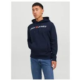 Jack & Jones Kapuzensweatshirt JACK & JONES "JJECORP Hoodie mit Logo und hohem Tragekomfort", Herren, Gr. M, blau (navy blazer), angeraute Sweatware, Obermaterial: 70% Baumwolle, 30% Polyester, bedruckt, normal normal, Rundhals, Rippb&uuml;ndchen, Sweatshirts, bedruckt, casual, regular fit, Baumwollmischung, Rundhals
