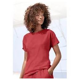 H.I.S. T-Shirt H.I.S, Damen, Gr. 48/50, rot, Interlock, Obermaterial: 95% Baumwolle, 5% Elasthan, unifarben, Basic, bequem h&uuml;ftlang, Rundhals, Umschlagsaum, Shirts T-Shirt, mit &Auml;rmelaufschlag, im maritimen Stil, Loungewear