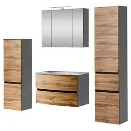Badezimmer-Set Welltime "Kaunas", grau (wotaneiche, grau), B:160cm H:200cm T:49cm, Kastenm&ouml;bel-Sets, Waschtisch-Set mit Midischrank und Seitenschrank, Breite 160 cm