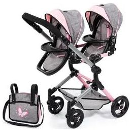 Puppen-Zwillingsbuggy BAYER "Twin Neo", grau (schmetterling grau, rosa), Puppenwagen, KinderB:41,5cm H:81cm T:81,5cm, Kunststoff, Metall, Stoff, mit Wickeltasche, B:41,5cm H:81cm T:81,5cm