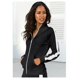 Sweatjacke BENCH. LOUNGEWEAR, Damen, Gr. 52/54, schwarz-wei&szlig; (schwarz, wei&szlig;), Jersey, Obermaterial: 60% Baumwolle, 40% Polyester, unifarben mit Farbeinsatz, bequem h&uuml;ftbedeckend, ohne Ausschnitt, Raglan&auml;rmel Rippb&uuml;ndchen, Sweatjacken Sweatjacke, mit Seitenstreifen und Stehkragen, Loungewear