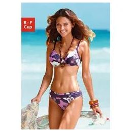 B&uuml;gel-Bikini Lascana, Damen, Gr. 42, Cup F, lila (lila, bedruckt), Polyamid, floral, Bikini-Sets B&uuml;gel-Bikini, florales Design, Bikini-Hose mit Vordermieder, Hose mit Zierg&uuml;rtel