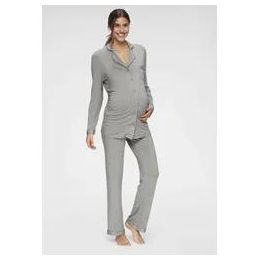 Umstandspyjama Lascana, Damen, Gr. 32/34, grau, Single Jersey, Obermaterial: 95% Viskose, 5% Elasthan, meliert, sehr bequem lang, V-Ausschnitt, eingesetzt Manschette, Homewear-Sets, mit Knopfleiste und Raffung an der Seitennaht