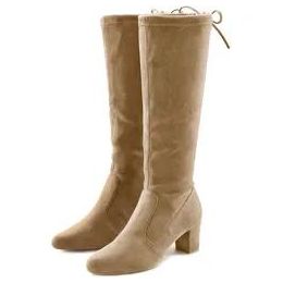 Schlupfstiefel Lascana "Schlupfboots, Slouchy Boots, Slip-On", Damen, Gr. 41, braun (sand), Obermaterial: 100% Textilmaterial. Decksohle: 100% Lederimitat. Futter: 100% Textilmaterial. Laufsohle: 100% Synthetik, unifarben, Schuhe Schlupfstiefel, aus stretchigem Material mit Blockabsatz in elegantem Design