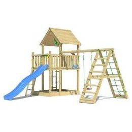 Spielturm Jungle Gym "Majesty", blau, Spielt&uuml;rme, KinderB:435cm H:349cm T:452cm, Holzwerkstoff, Spielanlage mit Schaukel, Kletterbock und Rutsche mit Wasseranschluss, B:435cm H:349cm T:452cm