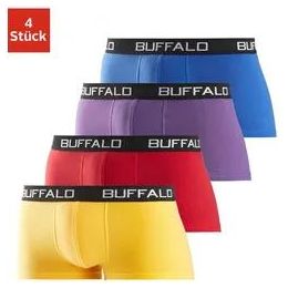 Hipster Buffalo, Herren, Gr. M, 4 Stk., bunt (gelb, rot, lila, blau), Jersey, Obermaterial: 95% Baumwolle, 5% Elasthan, unifarben, k&ouml;rpernah, Unterhosen, knapp sitzende Boxershorts mit Kontrastbund aus Baumwollmischung