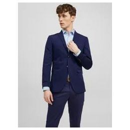 Jack & Jones Sakko JACK & JONES "JPRFRANCO Blazer mit 2-Knopf-Form und extra schmalem Schnitt", Herren, Gr. 50, blau (medieval blau), Web, Obermaterial: 78% Polyester, 17% Viskose, 5% Elasthan, meliert, slim fit, 1-Knopf-Manschette, Sakkos Sakko, unifarben, modisch, slim fit, Kunstfaser