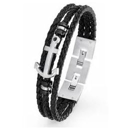 Armband s.Oliver "Anker", silber (silberfarben, schwarz), Armb&auml;nder, Herren, 21,5cm, Edelstahl Leder, Edelstahl, Leder, Armband