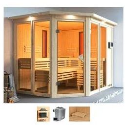 Sauna Karibu "Avril", beige (naturbelassen), Bio-Kombiofen, externe Steuerung, 9 kW, Saunen, Ofen 9 kW Bio externe Strg easy
