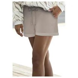 Relaxshorts Lascana, Damen, Gr. 40/42, N-Gr, grau (taupe), Sweatware, Obermaterial: 60% Baumwolle, 40% Polyester, bedruckt, Basic, bequem kurz, Hosen, mit seitlichen Taschen und Logostickerei, Loungewear