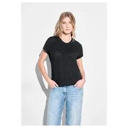 T-Shirt Cecil, Damen, Gr. XS (36), schwarz, Stoff, 63% Polyester, 34% Viskose, 3% Elasthan, gemustert, gerade h&uuml;ftlang, V-Ausschnitt, B&uuml;ndchen, Shirts T-Shirt, mit dekorativem Lochmuster