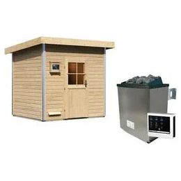 Saunahaus Karibu "Ralf", beige (naturbelassen), Saunaofen, externe Steuerung, 9 kW, Saunen, Ofen 9 KW externe Strg easy