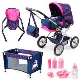 BAYER DESIGN Kombi-Puppenwagen BAYER "Grande", bunt (einhorn blau, pink), Puppenwagen, KinderB:43cm H:75cm T:77cm, Kunststoff, Metall, Stoff, mit Reisebett, Schnuller, Geschirr und Pflegeprodukten, B:43cm H:75cm T:77cm